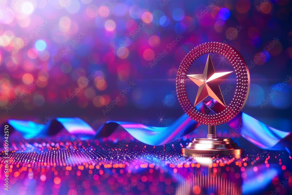 Award Ribbon with Star in Neon Glow. A 3D icon of an award ribbon ...