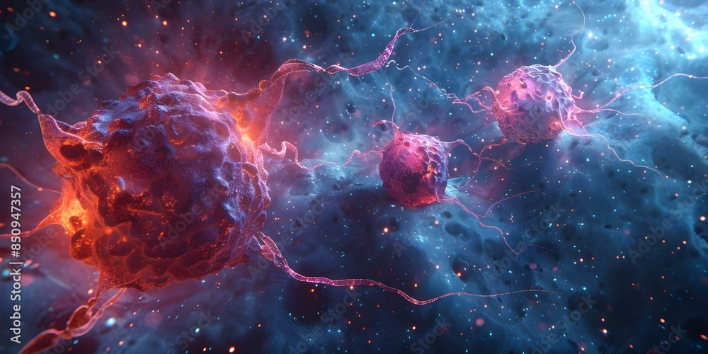 Malignant cancer cells viewed under a microscope in 3D simulation ...