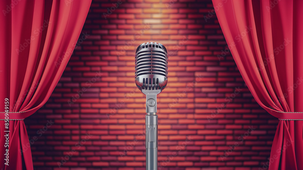 standing microphone on stand up stage, brick wall and red curtain Stock ...