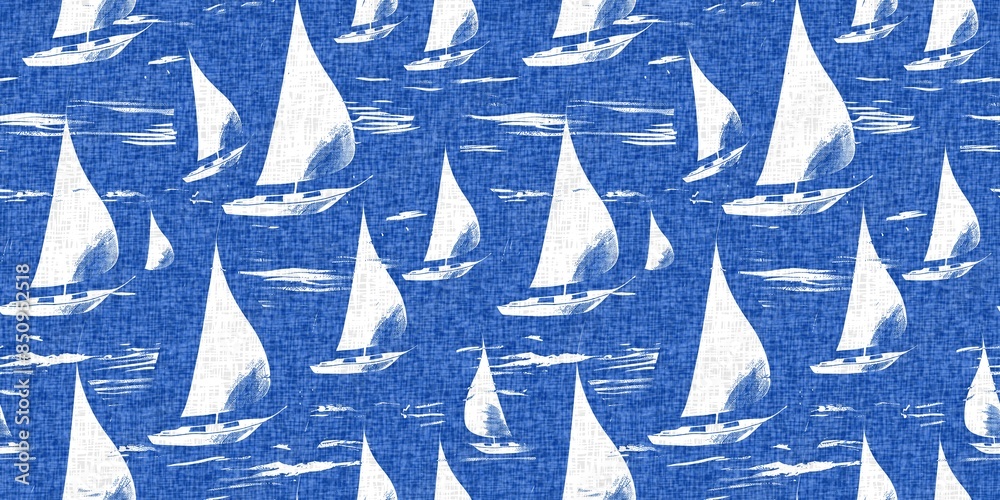 Coastal sail boat in azure ocean blue seamless border background ...