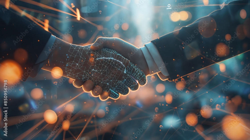 Virtual handshake in a cyber environment, highlighting connection, collaboration, and advanced ...