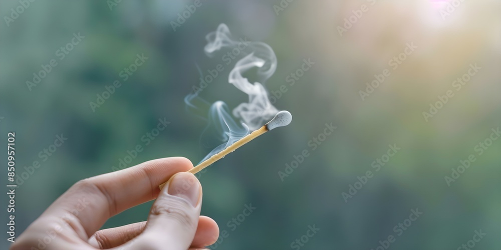 The image of a hand holding a smoking matchstick as a symbol of fire ...