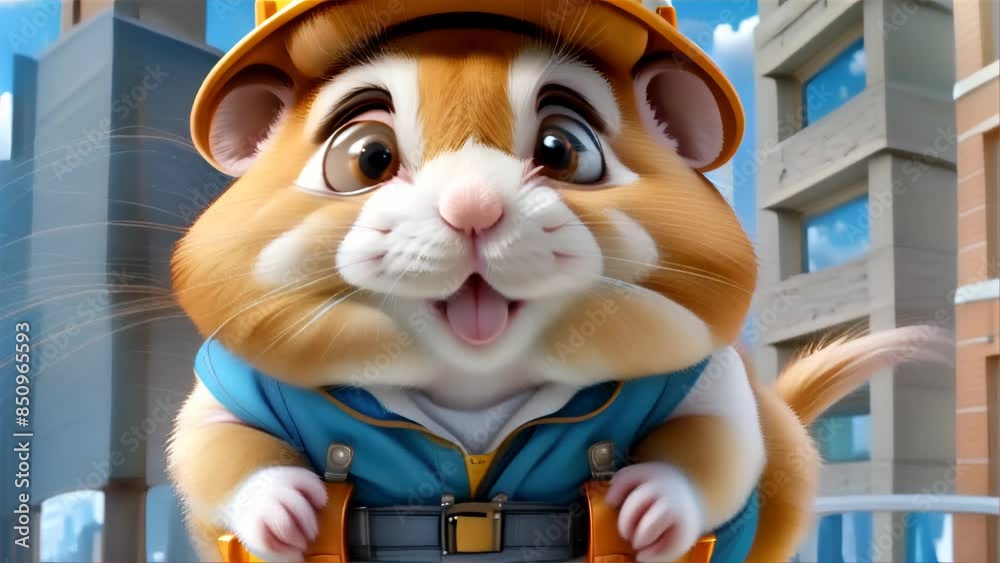 Enthusiastic hamster wearing a construction helmet and vest is seen at ...