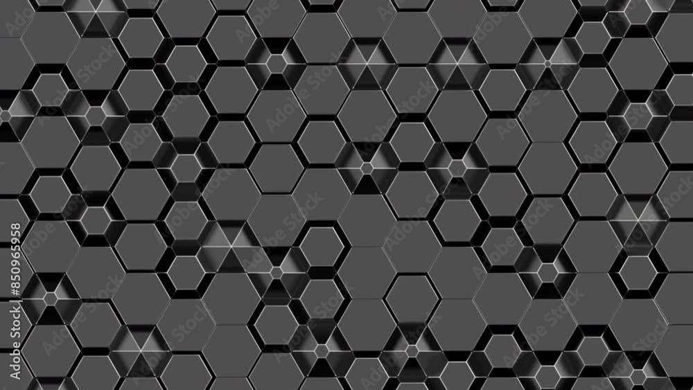 Abstract motion background from random moving black hexagons. Abstract honeycomb background ...