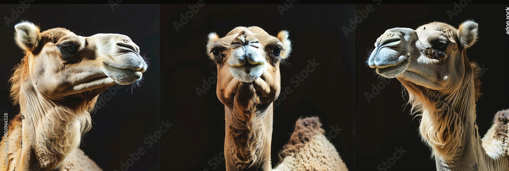 Three images of a cute smiling camel in different full body poses and ...