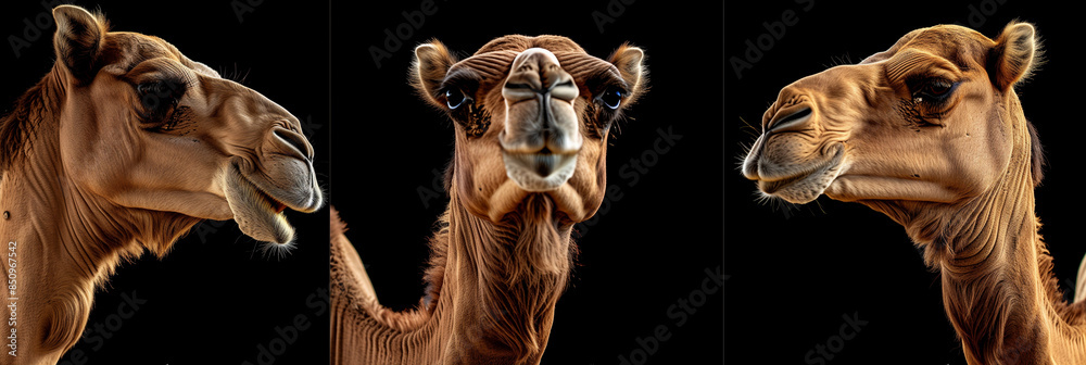 Three images of a cute smiling camel in different full body poses and ...