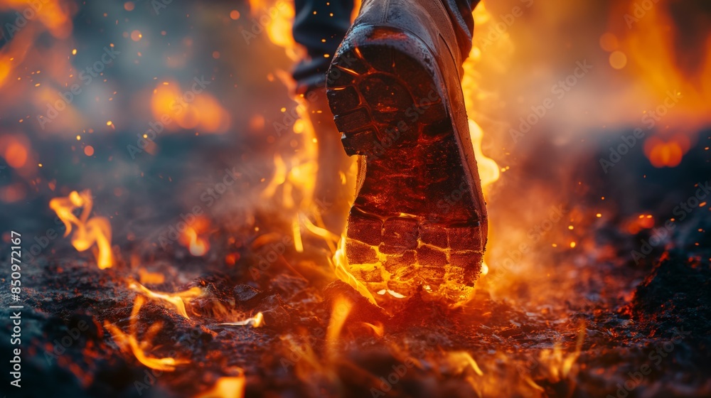 back view of man feet wearing combat safety shoes walking on fire flame ...