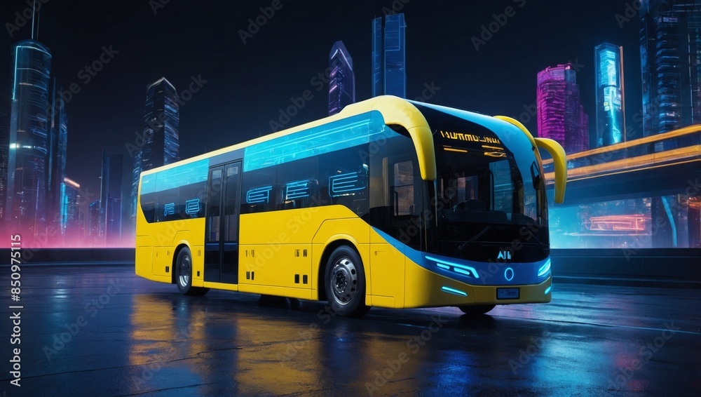 Futuristic AI autonomous bus with neon-lit control panels and ...