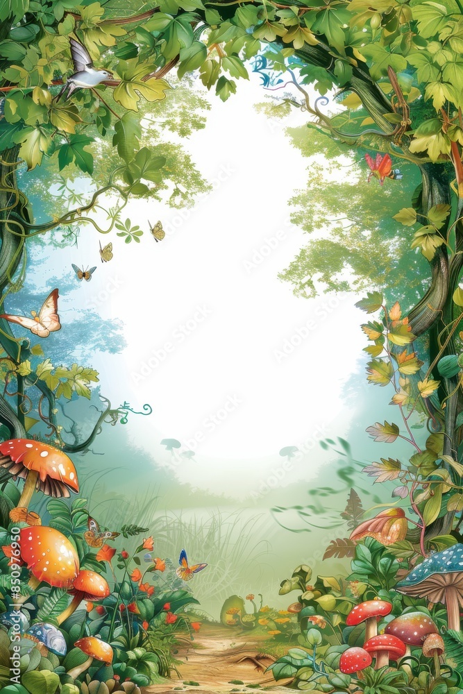 Border design with images of mythical creatures and enchanted forests ...