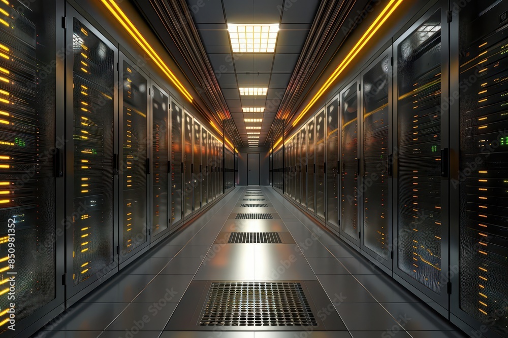 server room with rows of racks in data center hallway futuristic 3d ...