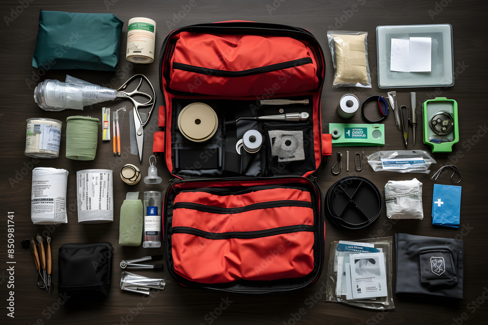 Professional flatlay arrangement of paramedic tools like a CPR kit ...