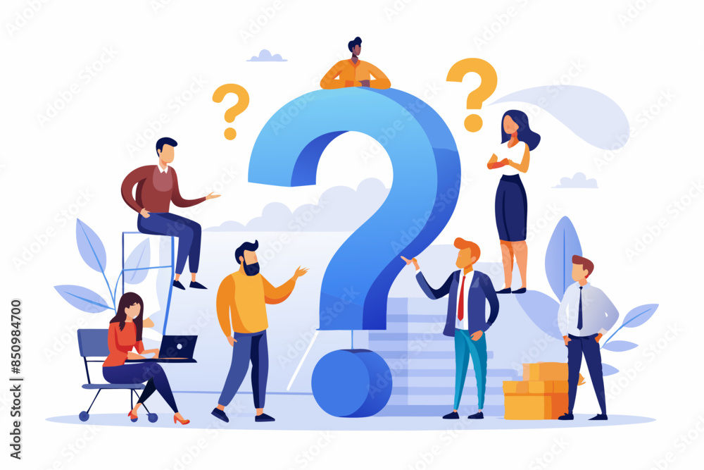 Businesspeople with big question mark in flat design. Employee asking ...