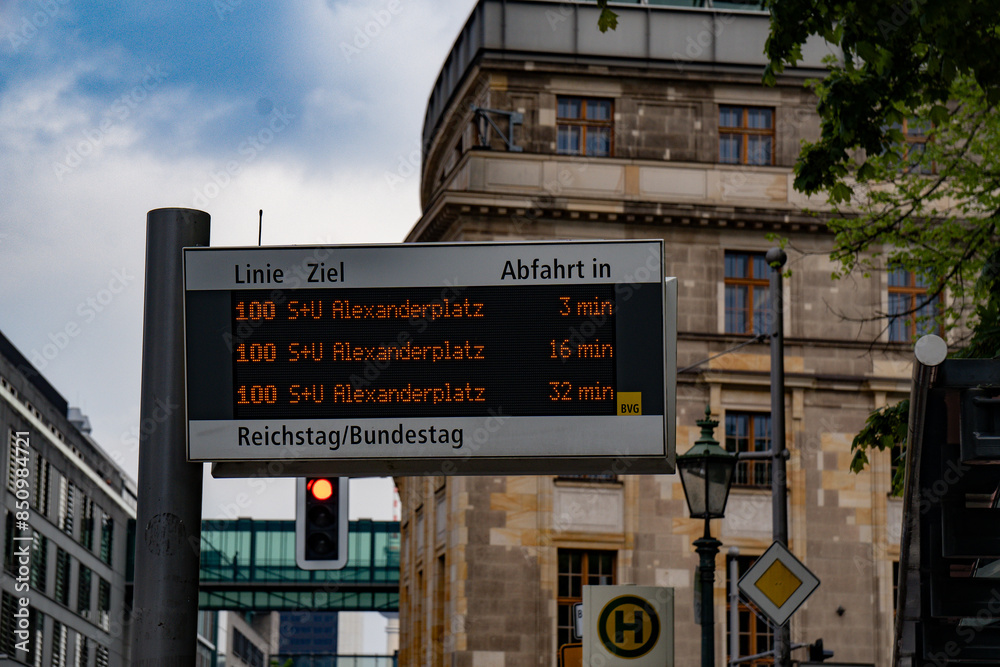 2024-04-24; Berlin Germany; Transport display showing the route of bus ...
