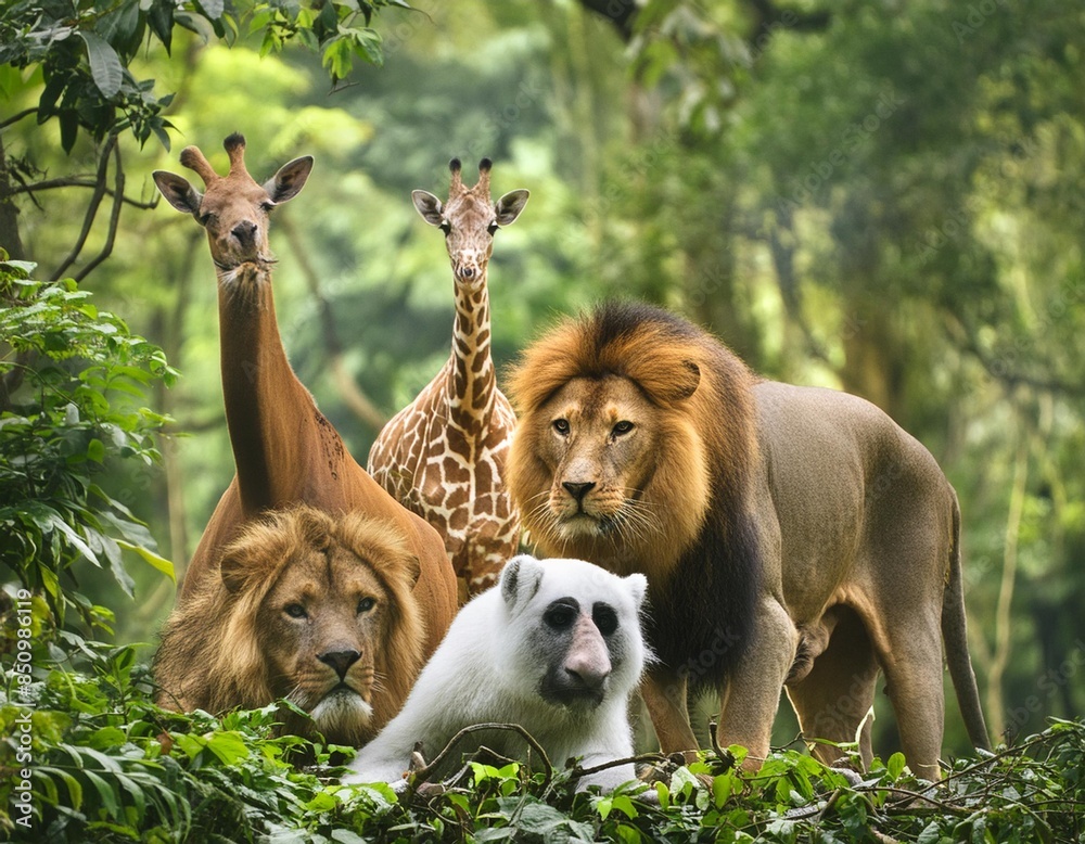 group of wildlife animals in the jungle together Stock Photo | Adobe Stock