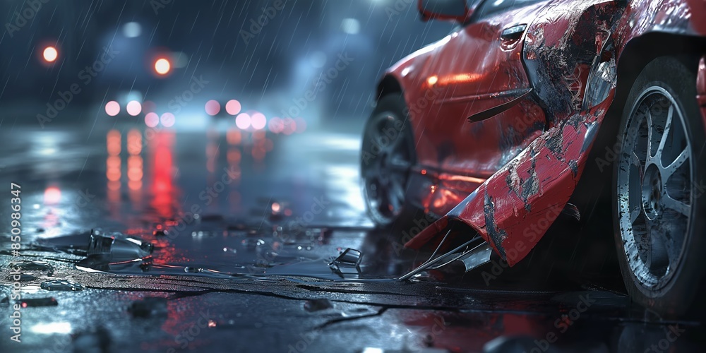 Damaged Red Car After Nighttime Accident on Wet Road. Close-Up of Car ...