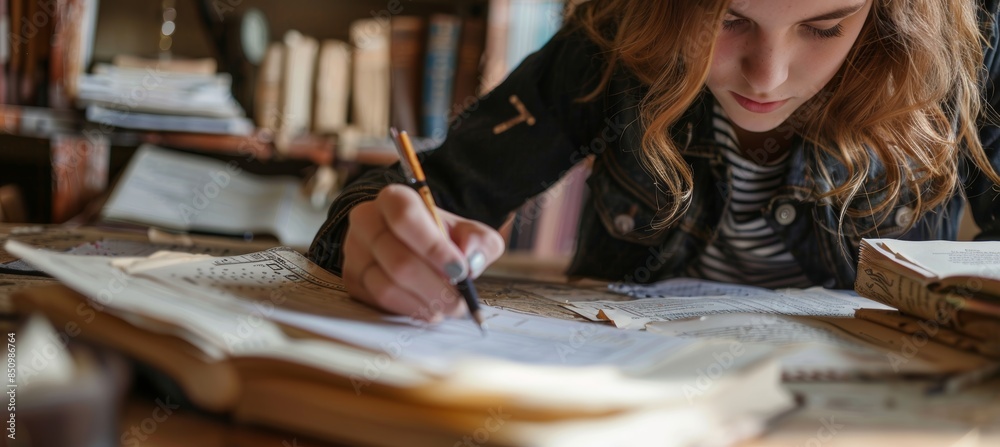 High School Student Studying History with Timeline and Notes in a Well ...
