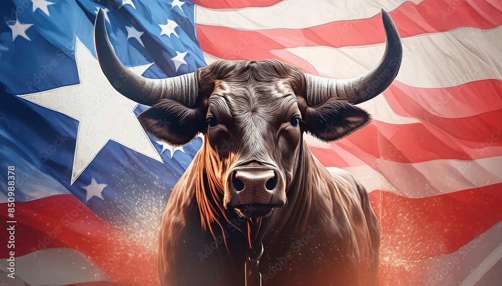 Majestic Bull Standing Proud Against American Flag - Iconic Symbol of ...