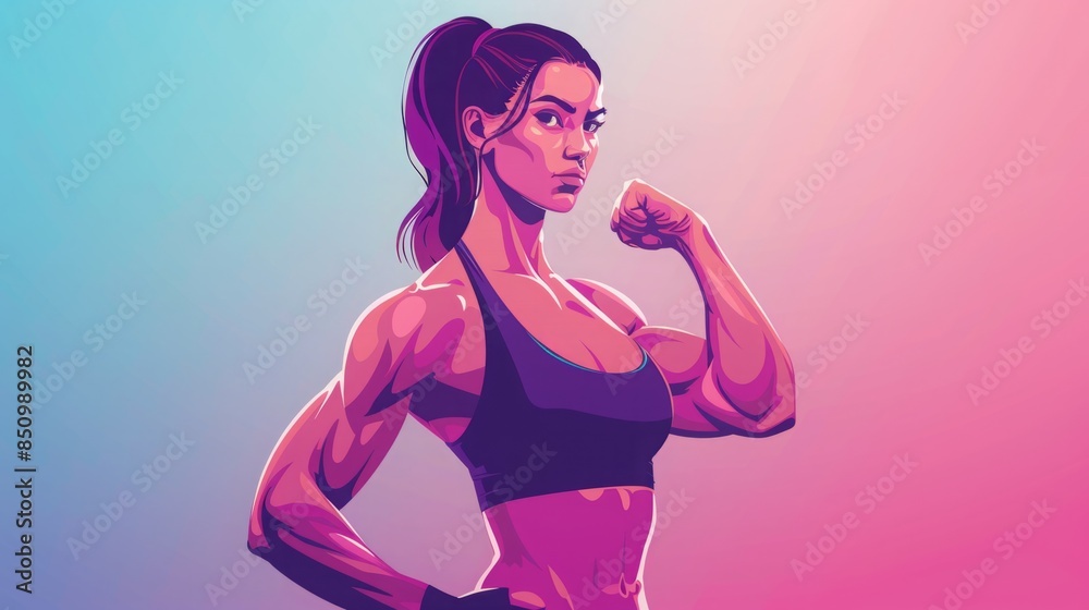 A digital illustration of a muscular woman flexing her bicep in front ...