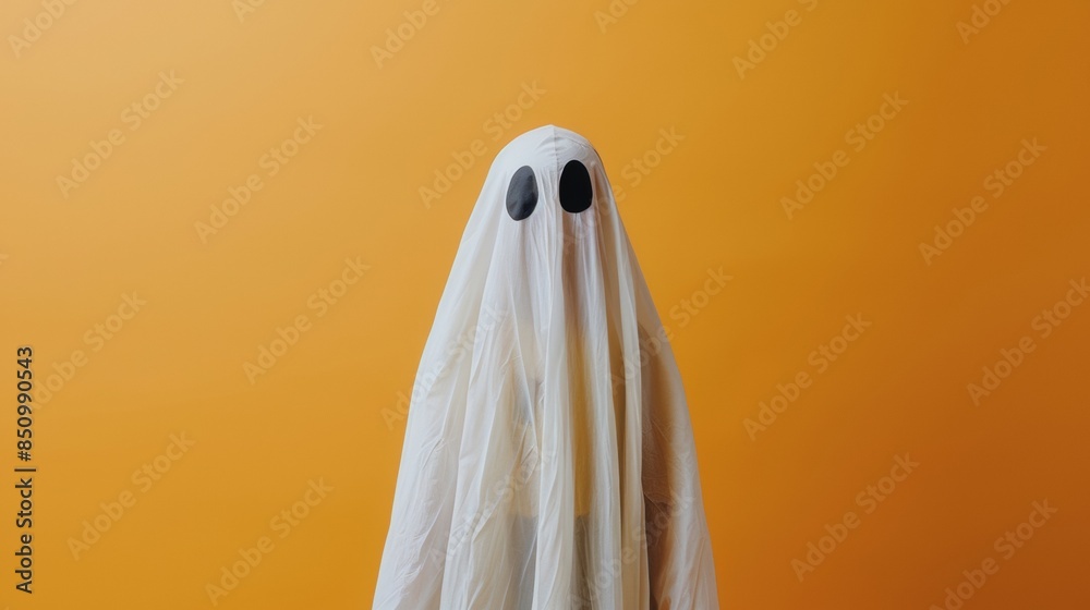 A child dressed as a ghost in a simple white sheet stands against an ...