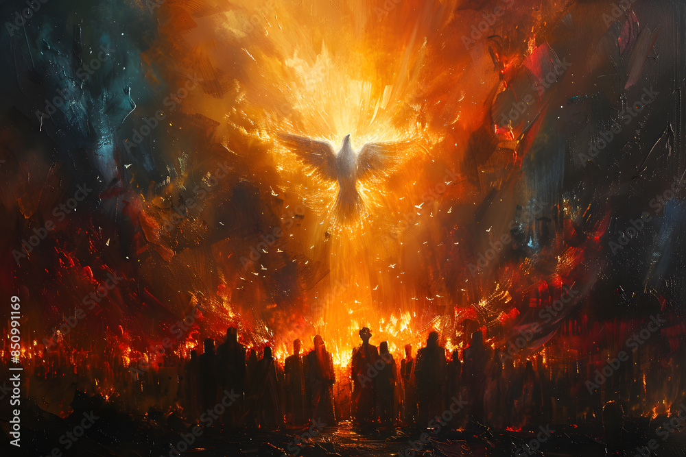 Flying white dove with fire effect on dark background. Symbol of peace ...