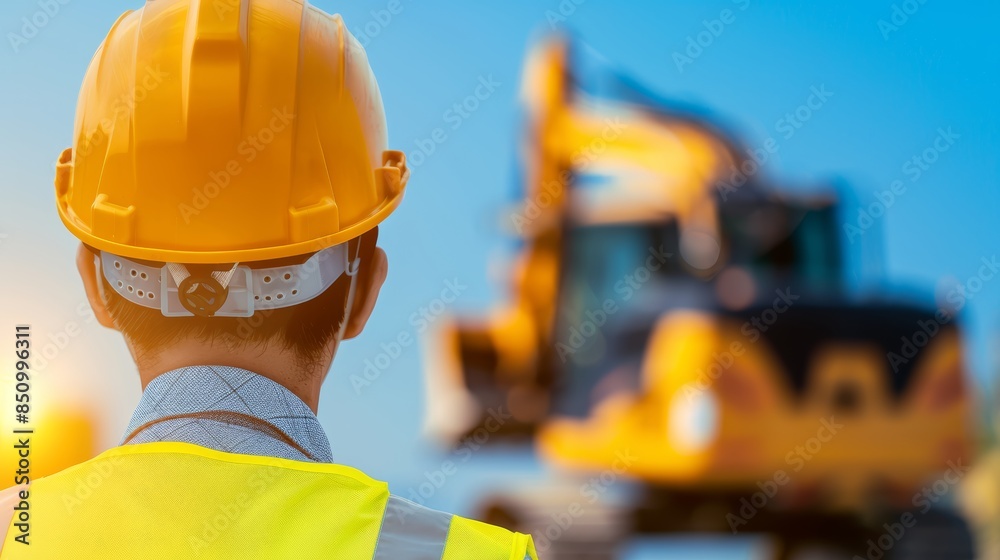 Engineer wearing helmet and vest, monitoring construction progress of ...