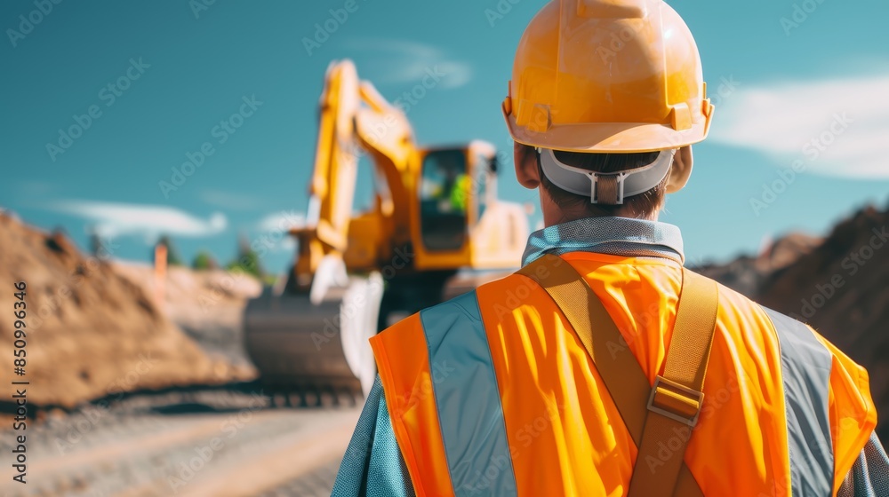 Engineer wearing helmet and vest, monitoring construction progress of ...