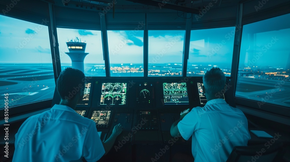 Air traffic controllers in a control tower, monitoring aircraft ...