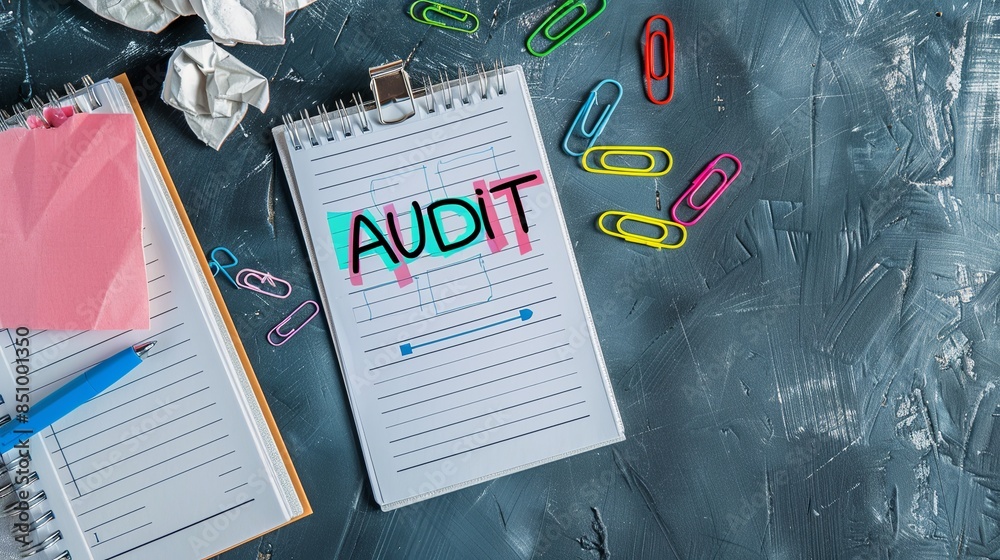 Notepad displaying the word "AUDIT" placed on a table alongside colored ...