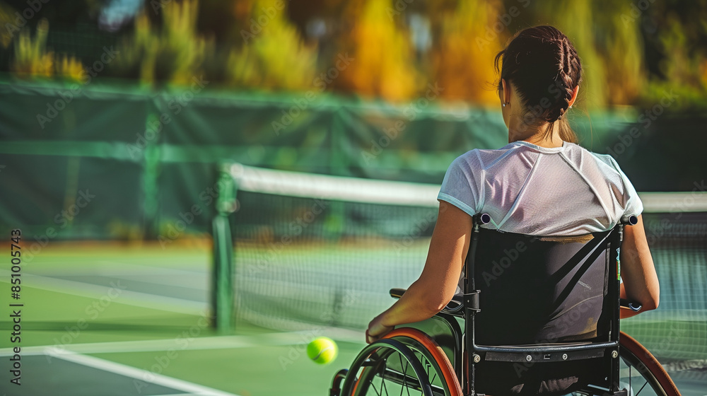 Foto de Disabled woman in wheelchair playing tennis. Handicapped female ...