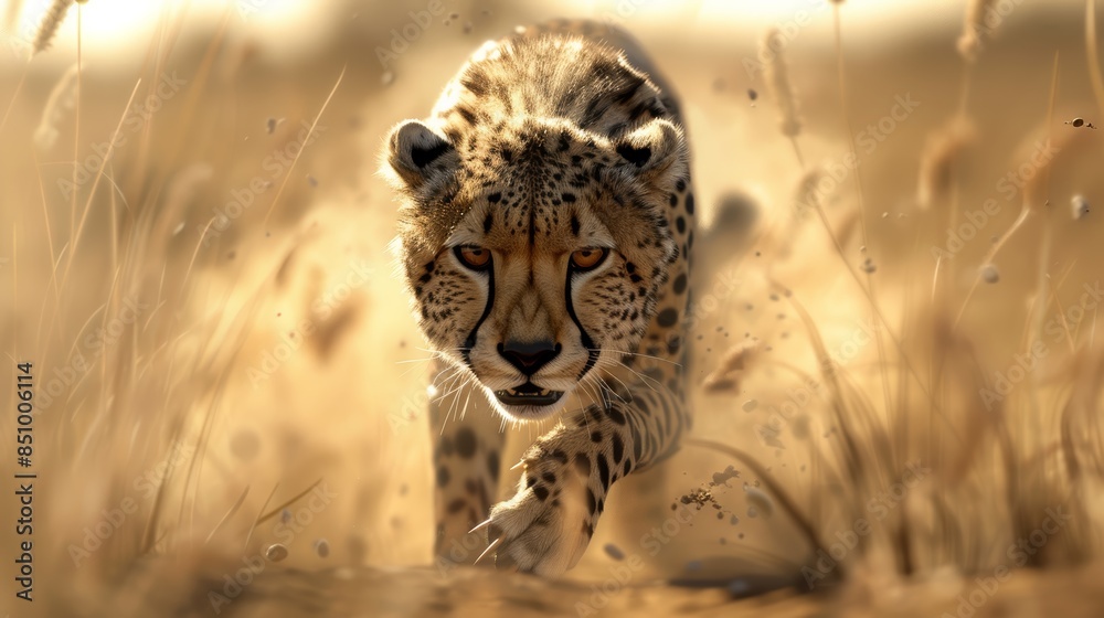 Majestic cheetah prowling the sunlit savanna, low to the ground, every ...