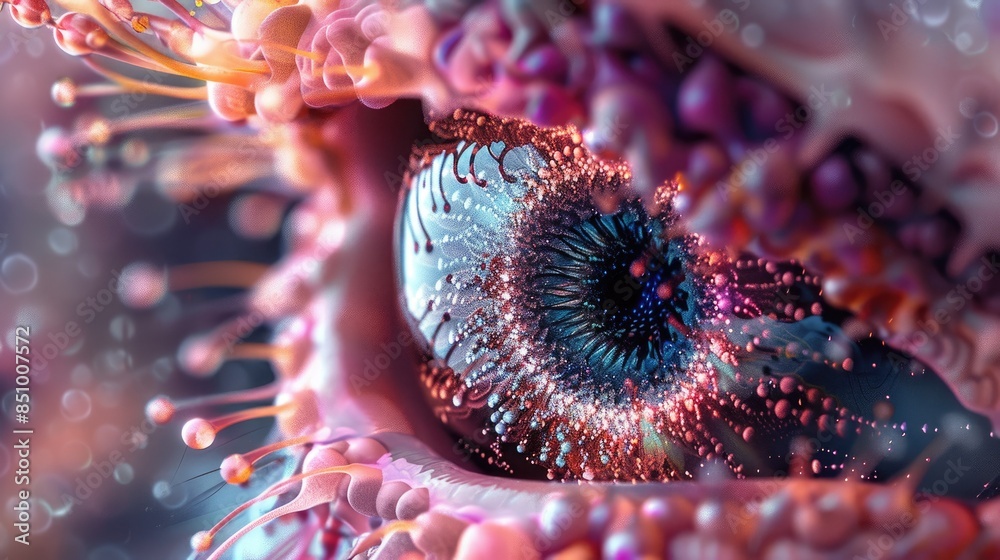 The image is a close-up of an eye. The eye is surrounded by a mass of ...
