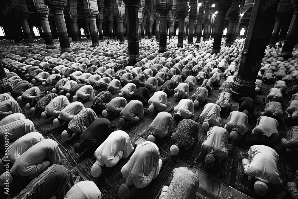 Muslim Islamic men's community in a mosque to perform prayers religious ...