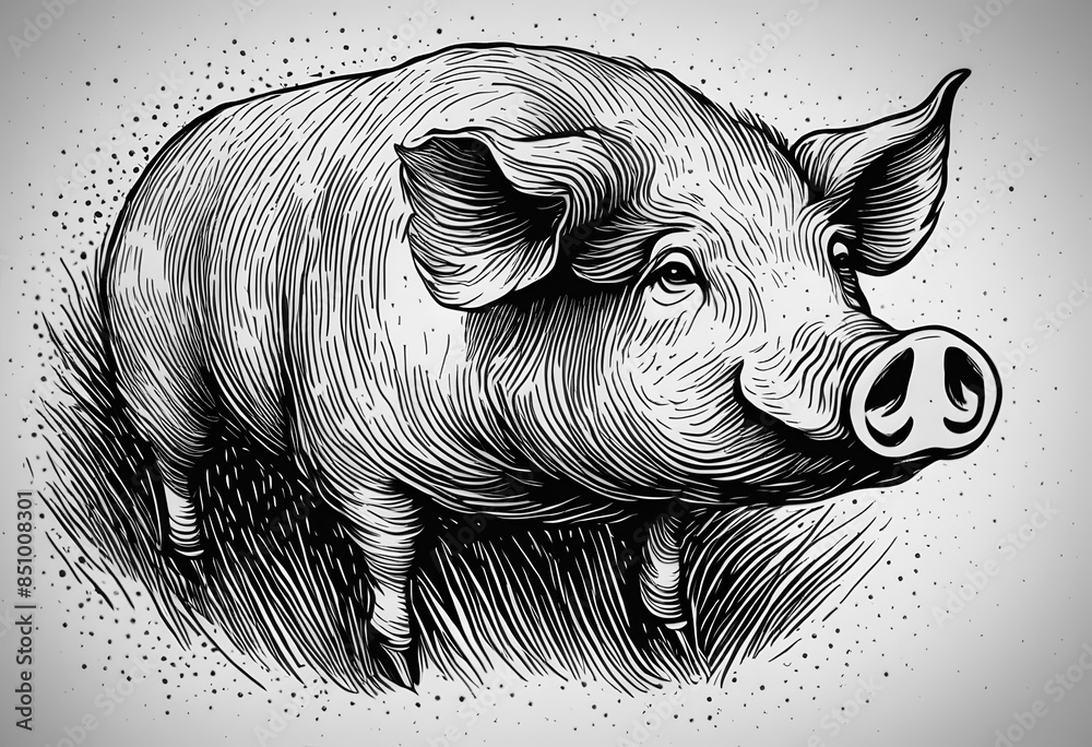 A detailed black and white illustration of a pig, showcasing intricate ...