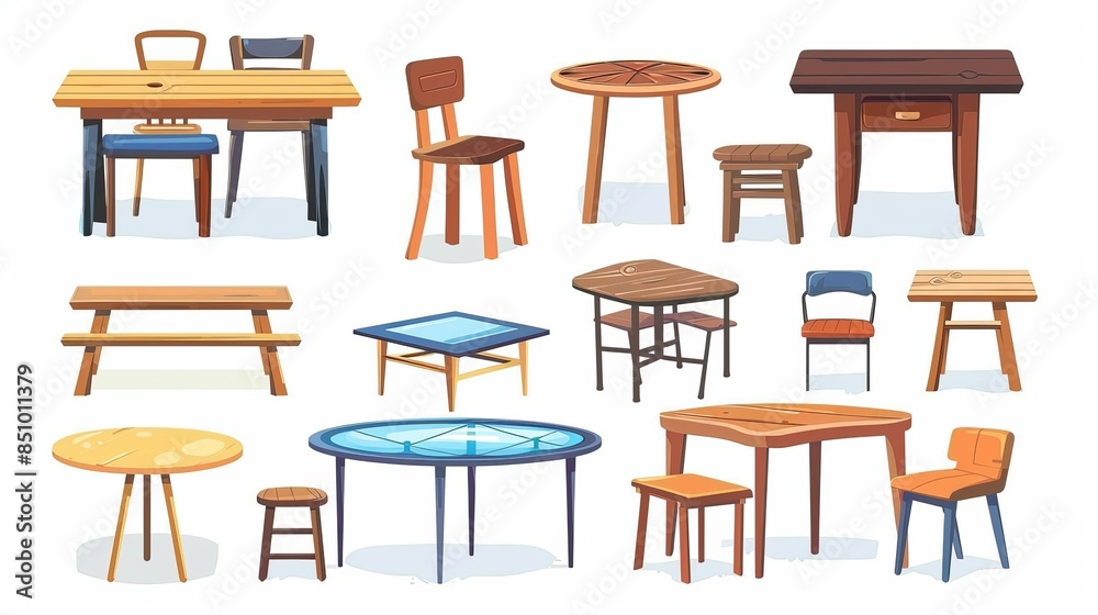 cartoon table. Glass, metal, and wooden furniture for cafes and home ...