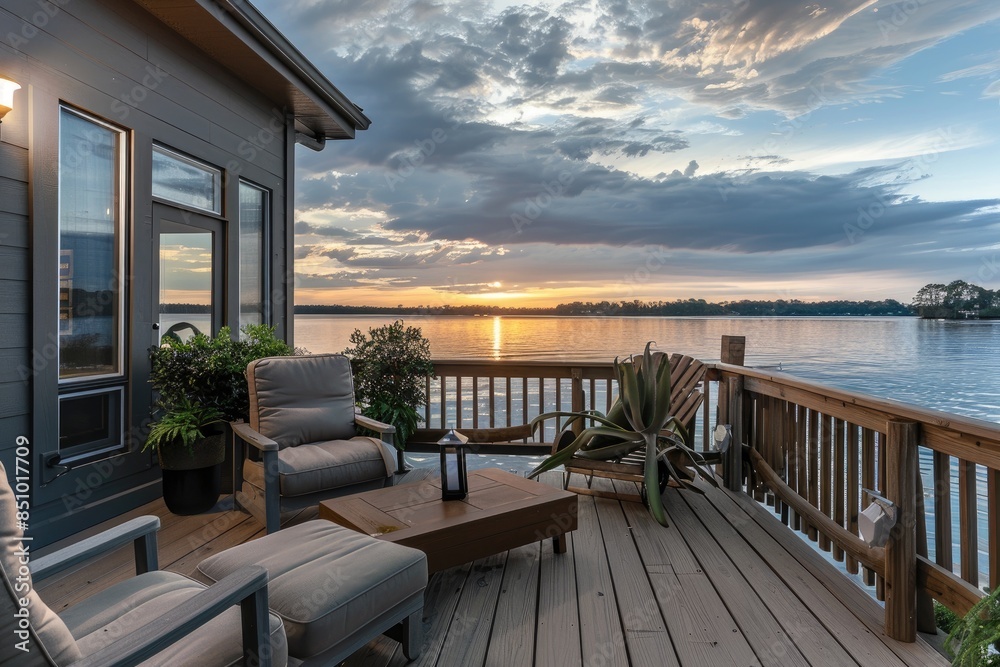 Beautiful lake front home with modern outdoor furniture on the deck ...