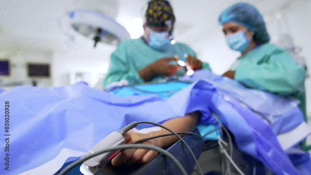 Close look at the patient's hand with an attached sensor. Surgeon and ...