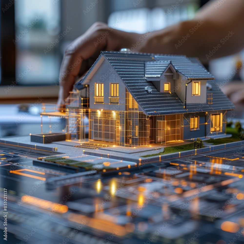 Architect working on a detailed house model with illuminated windows ...