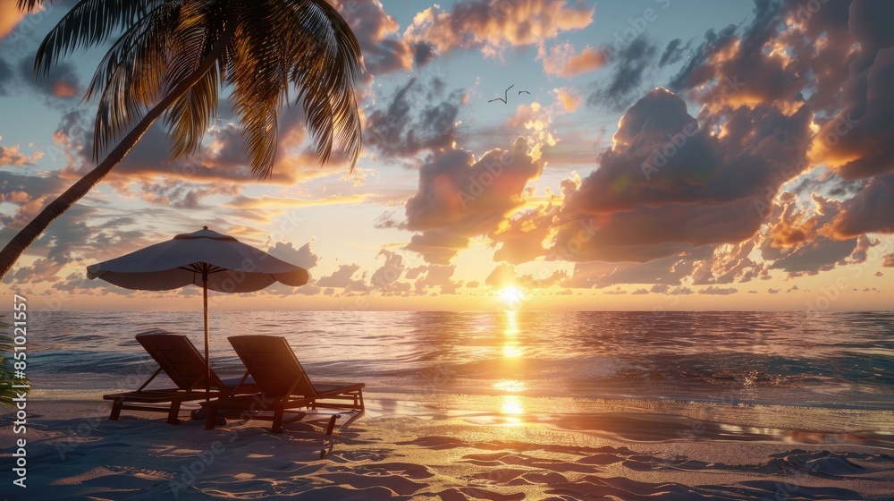 Beautiful sunset on the beach, sun loungers and umbrella under a palm ...