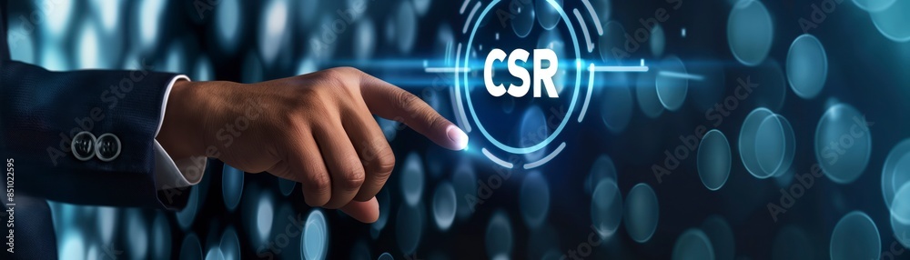 Businessman touching digital screen with CSR icon on virtual background ...