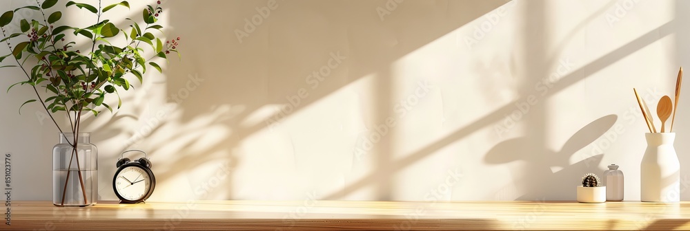 With a bright wood counter, warm white wall, a clock, this minimalist ...