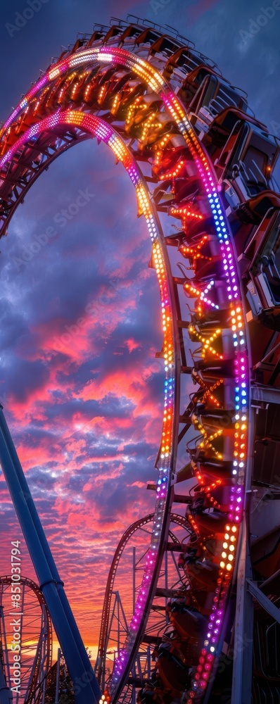 Colorful illuminated roller coaster loop against a stunning sunset sky ...