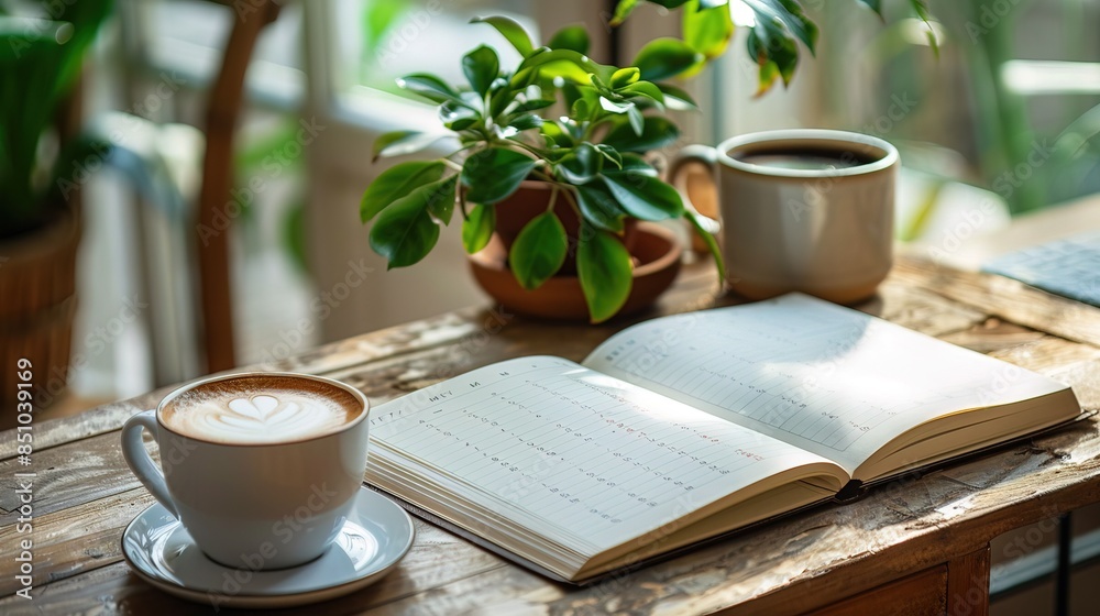 Planner Concept. Desktop Calendar 2024 and cup of coffee place on ...