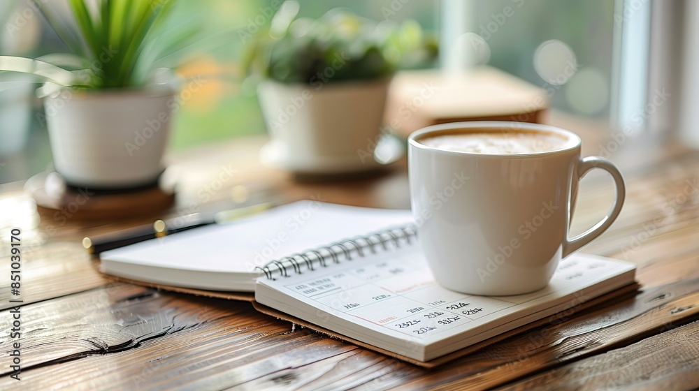 Planner Concept. Desktop Calendar 2024 and cup of coffee place on ...