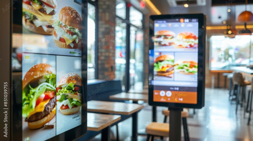 A digital menu display showcasing photos of burgers in a fast-food ...
