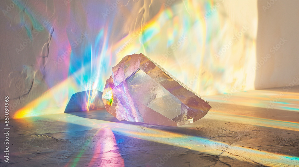 Sunlight refracting through a crystal creating a spectrum of vibrant ...