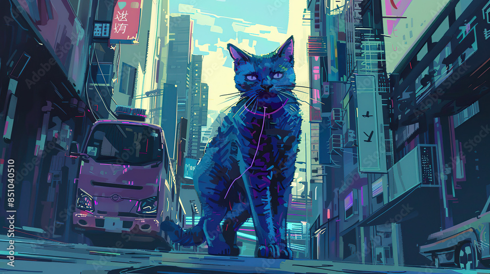 comic-style city cat, illustrated city cat, cartoon city cat, comic cat ...