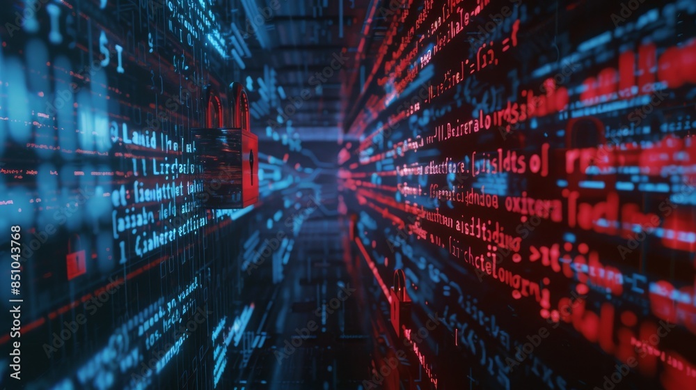 Hacking system with an info message. Blue background with modern code ...