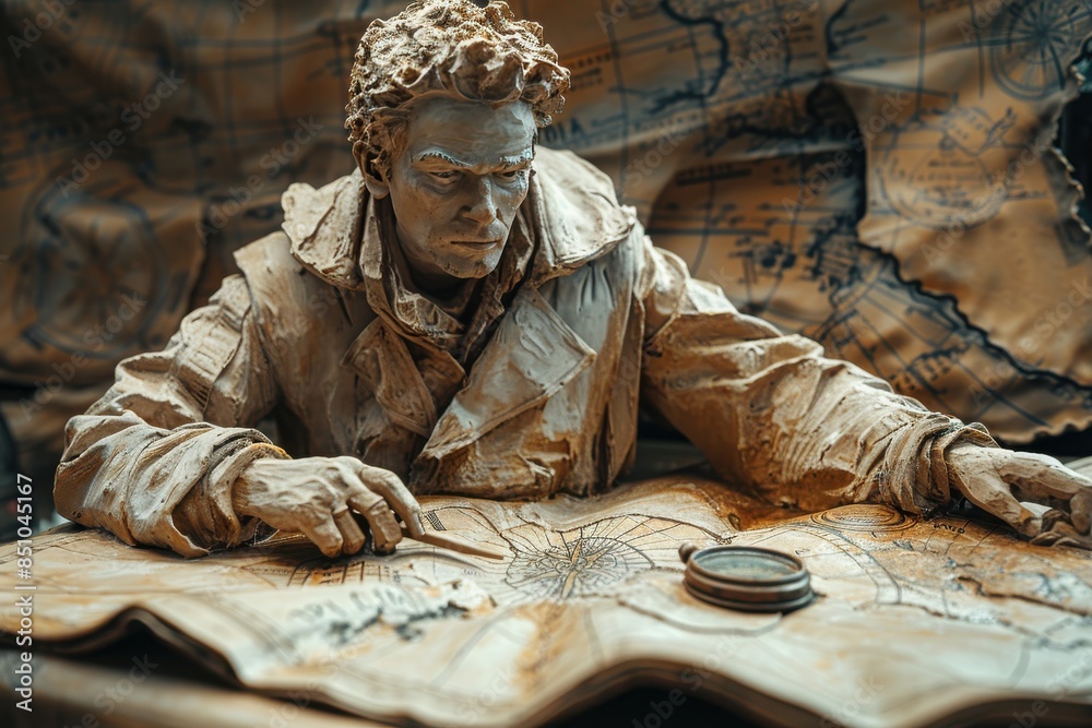 Bronze statue of an explorer studying an ancient map with a magnifying ...