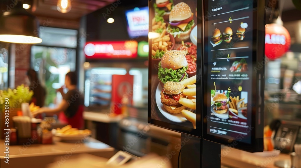 A digital menu display in a restaurant showcasing various burgers and ...