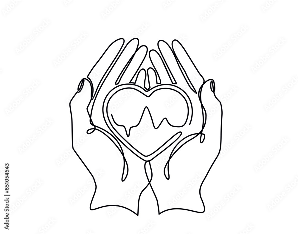 Continuous one line drawing hand holding heart. Charity donation linear ...